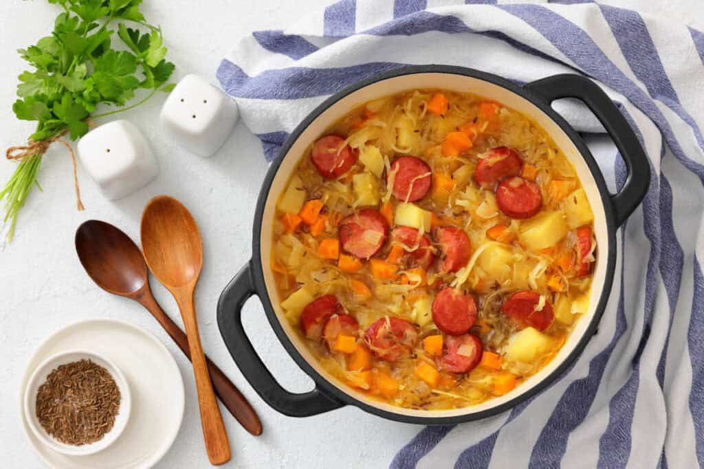 Oma's Sauerkraut Soup with Kielbasa - Retro Recipe Book